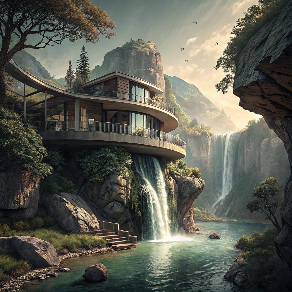 Surreal Cliffside Abode Blends into Fantasy Landsc... - AI Art