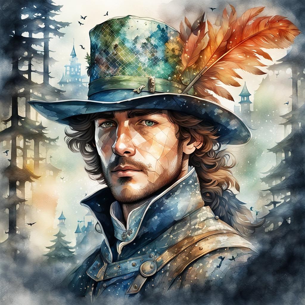 Over-detailed portrait of Brave Musketeer in a double exposure with ...