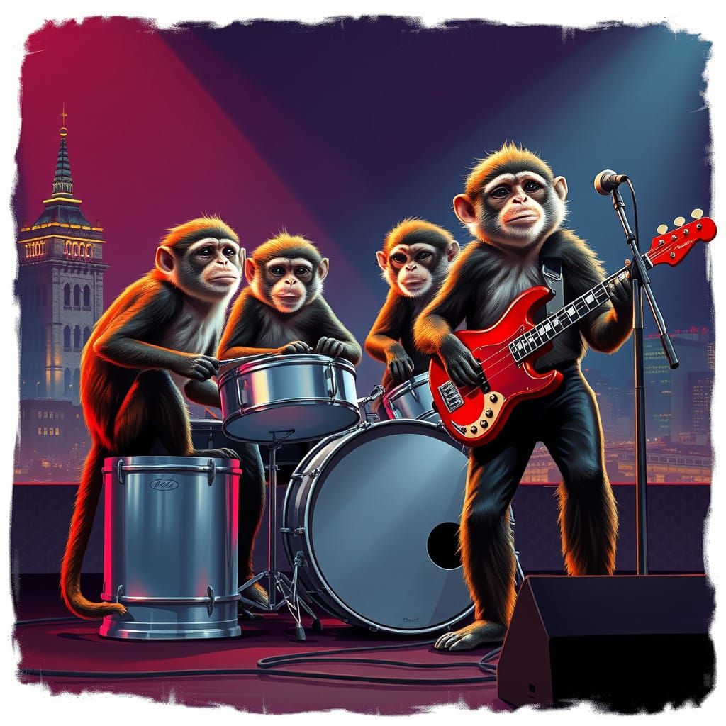 Futuristic Capuchin Monkeys Rock Out on Stage in G... - AI Art