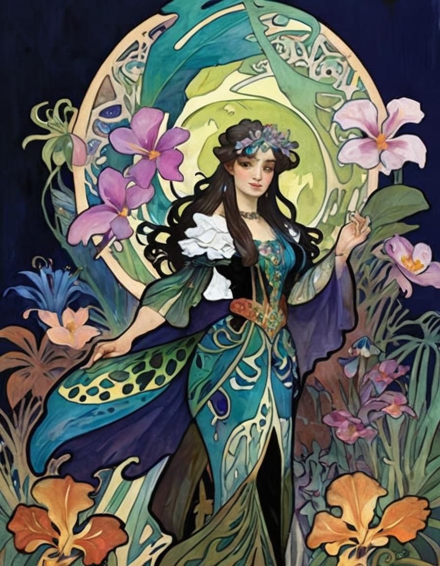 (Alphonse Mucha, art nouveau, colorful poison dart frog in a beautiful ...