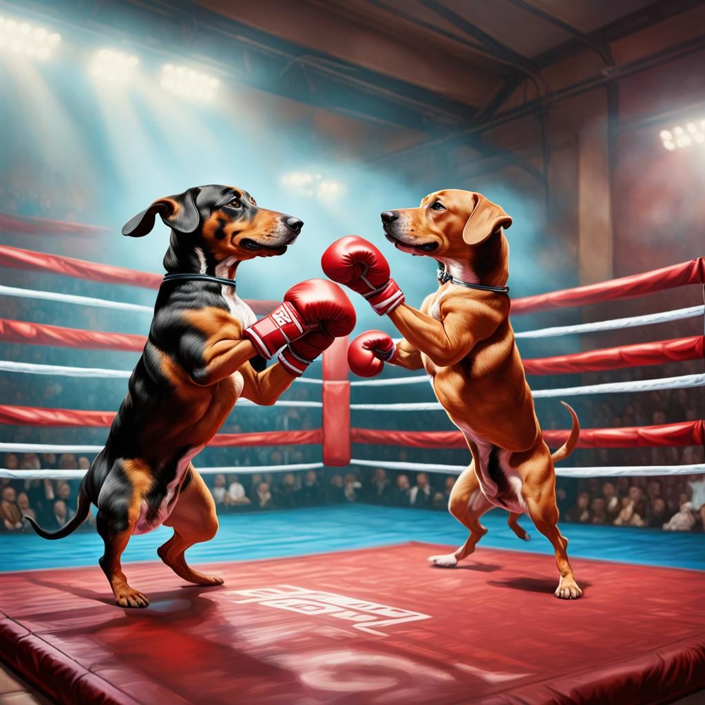2 dacshund boxing inside a boxing ring. Both bull dogs should be ...