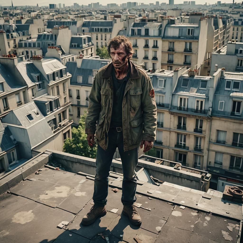 The sole survivor of a Zombie Horde in Paris, standing on a rooftop ...