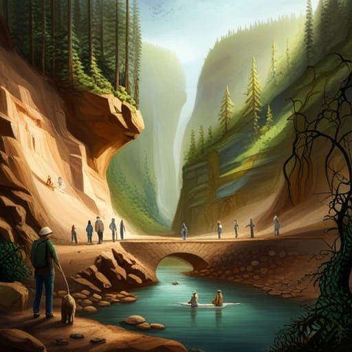 realistic visual style,a forested canyon,mid-day,an archeological dig a ...
