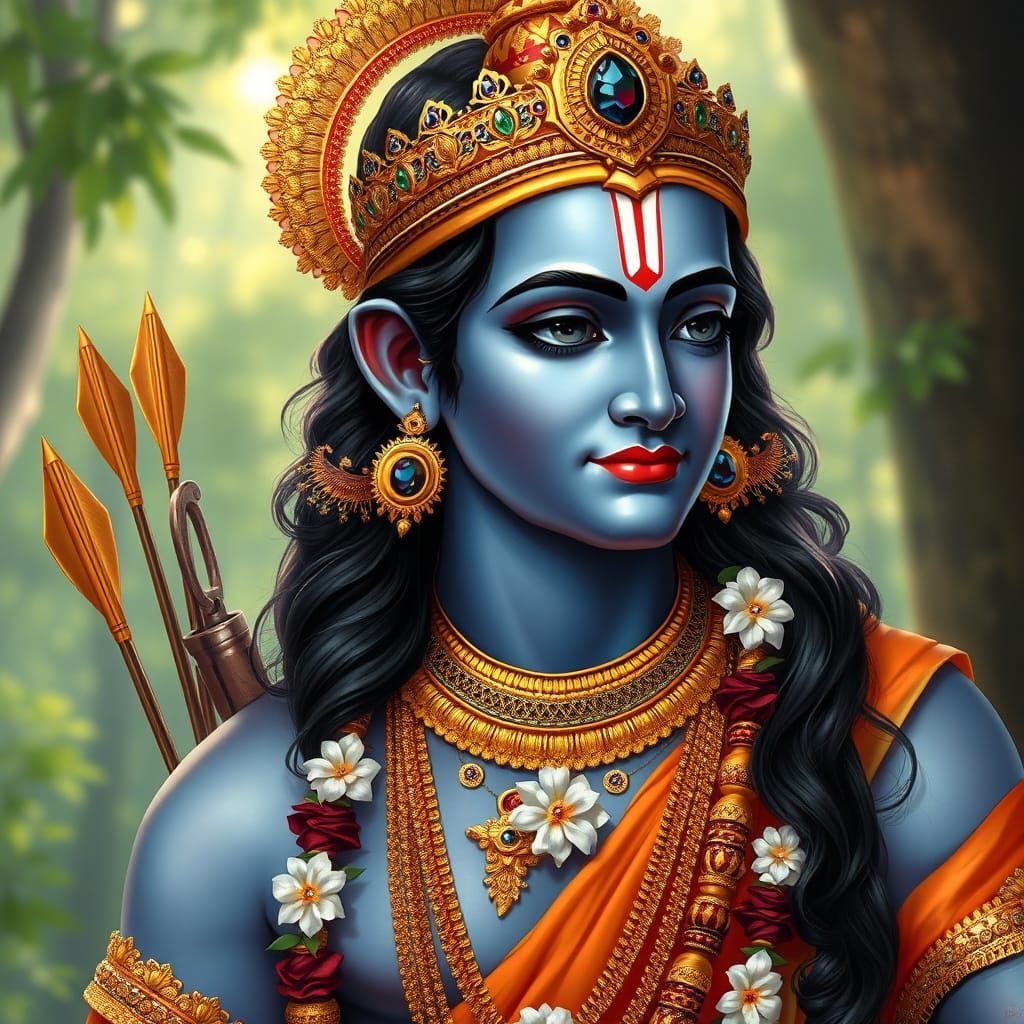"Highly detailed digital painting of Lord Rama, the seventh avatar of Vishnu, depicted with ...