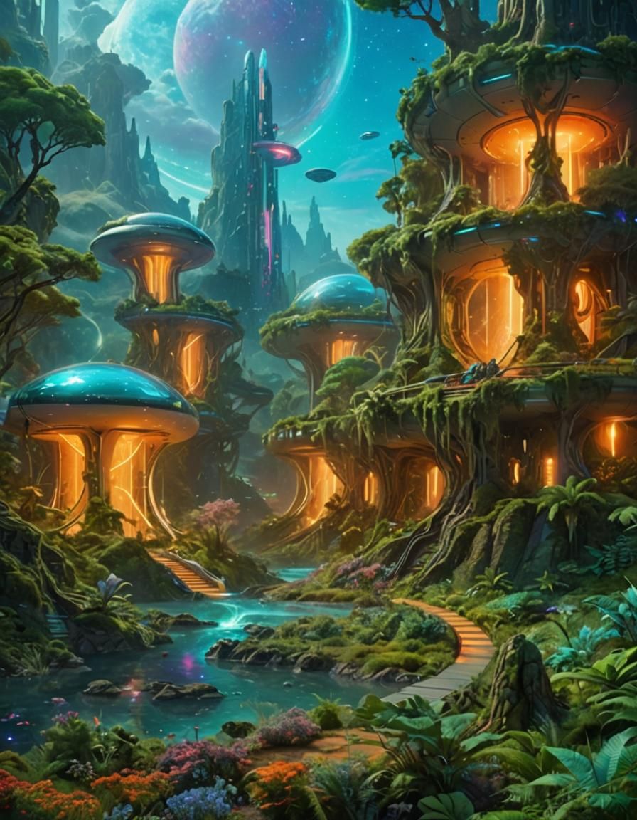 Futuristic jungle village - AI Generated Artwork - NightCafe Creator