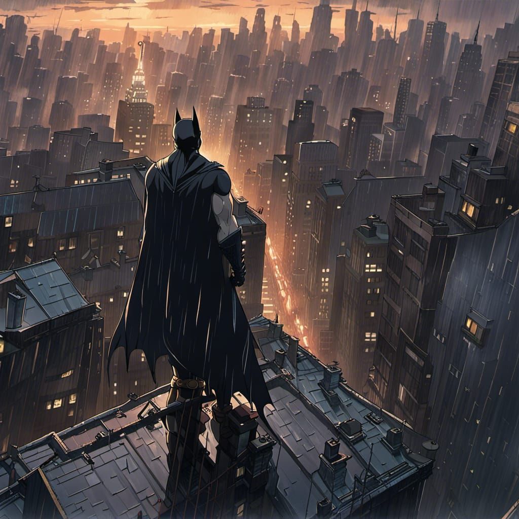 Batman standing alone on a rooftop in Gotham City. It's pouring rain ...
