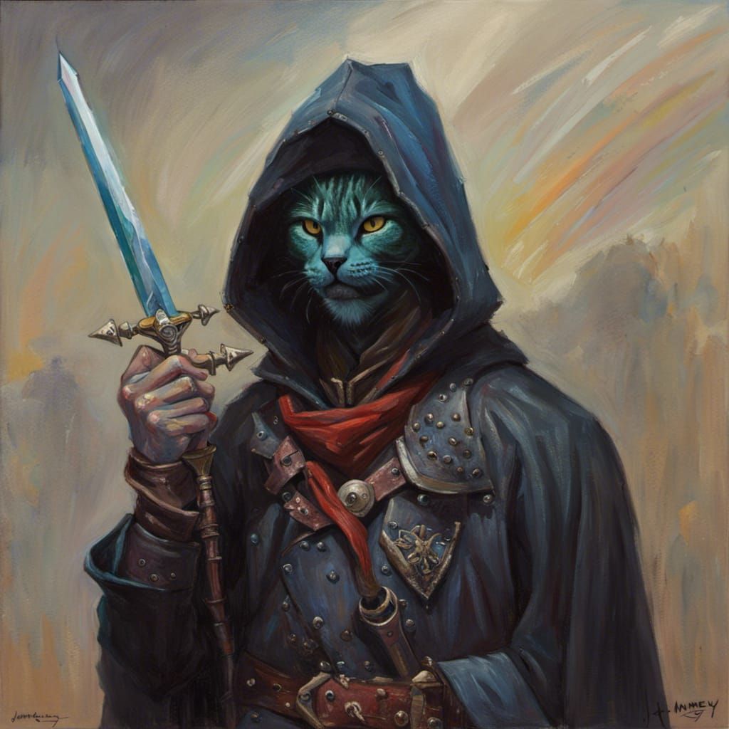 Rainbow Cat Assassin wearing a dark hood holding daggers - AI Generated ...