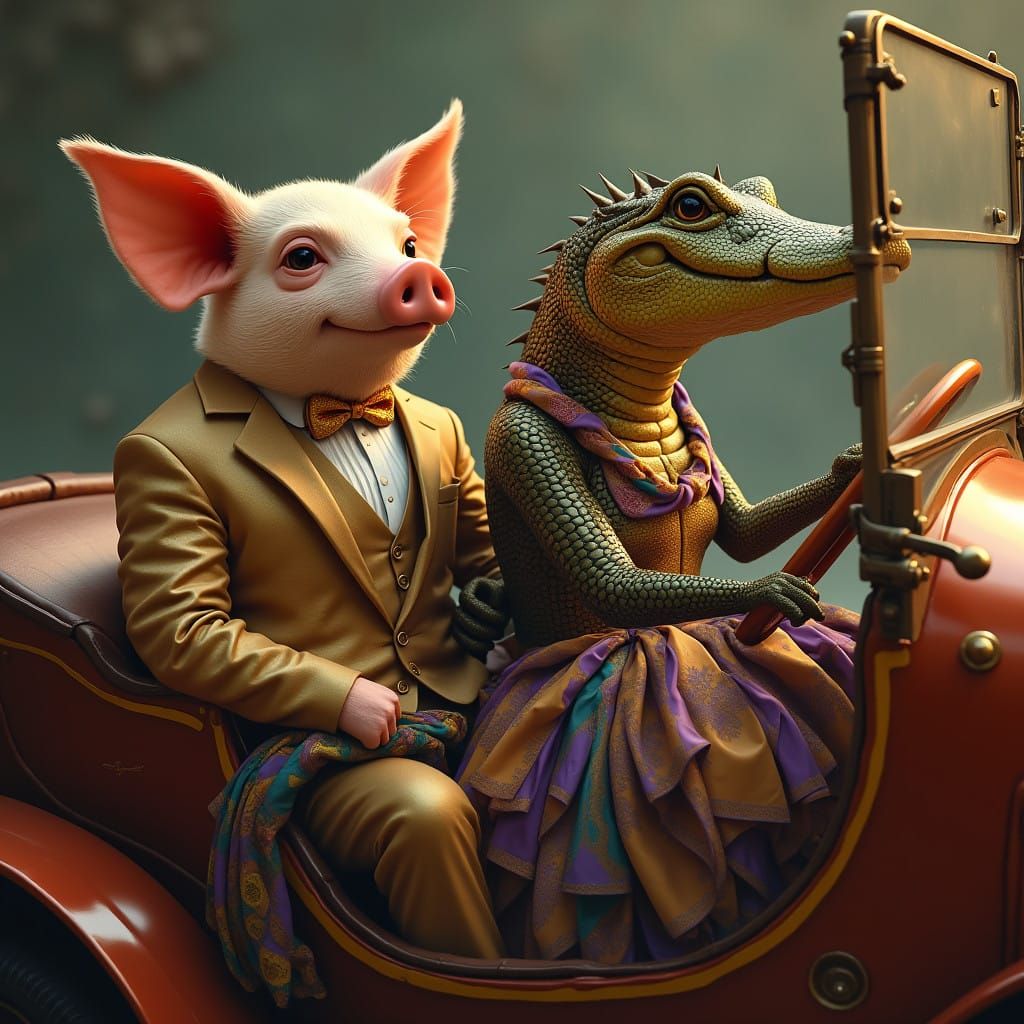 Refined Pig and Alligator in Vintage Model T, Besi... - AI Art