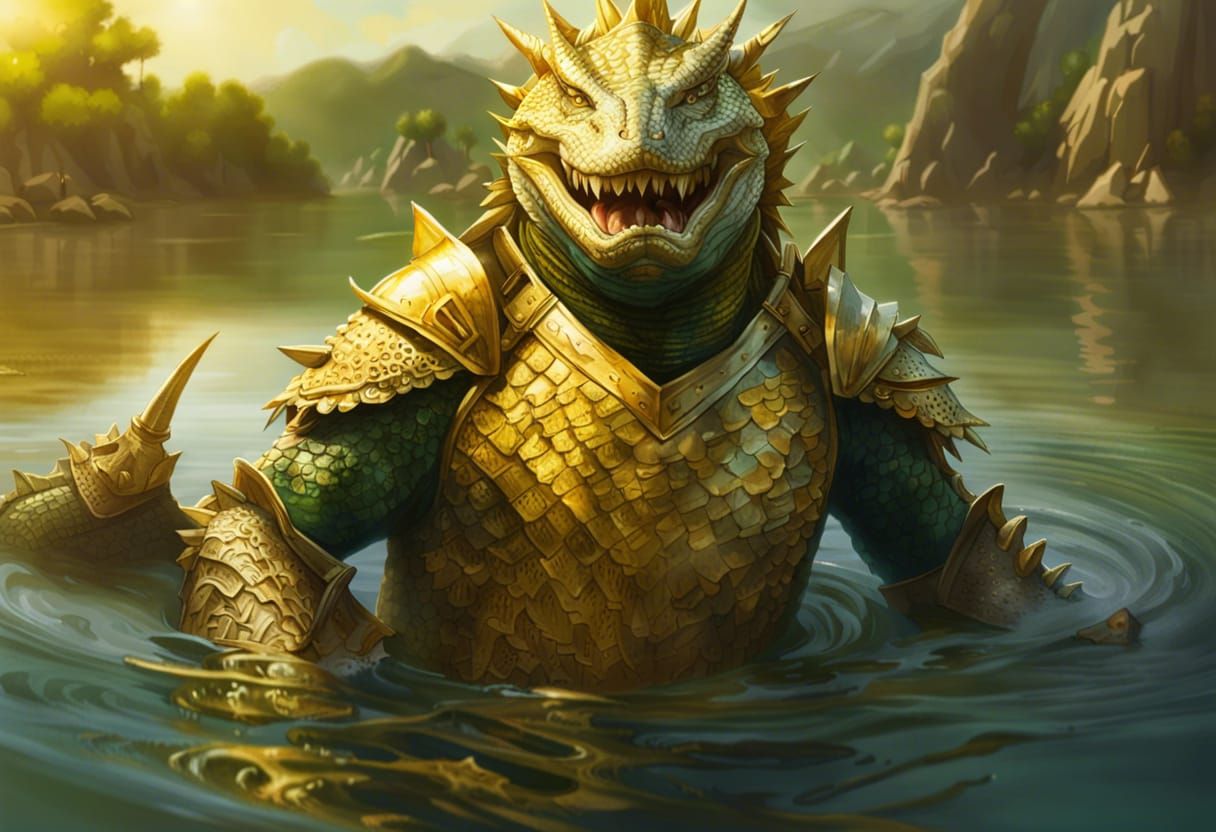 reptile people with golden armor and holding tridents rising from the ...