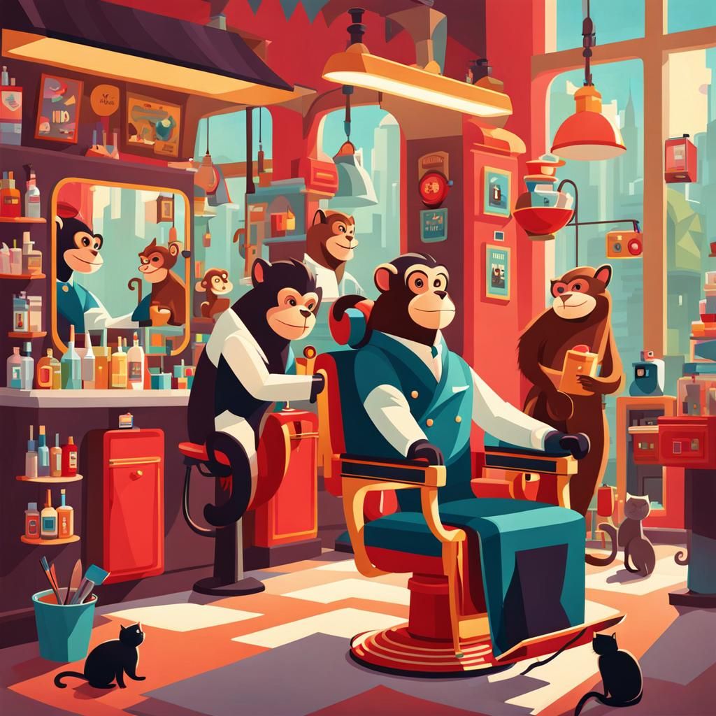 "A Barber's Shop with Monkeys and Cats" in the style of Joey Chou - AI ...