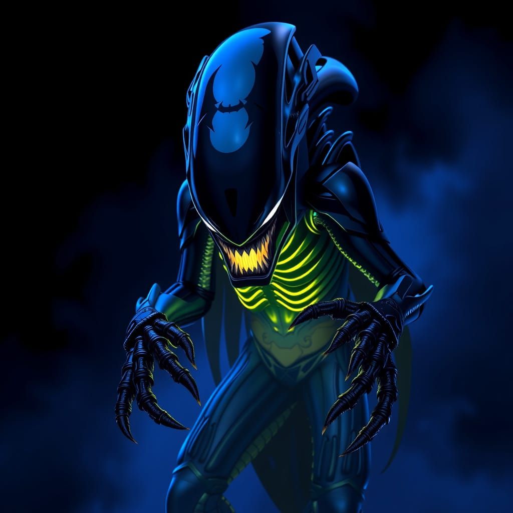 Glow in the dark xenomorph Batman by HR giger, masterpiece of Horror