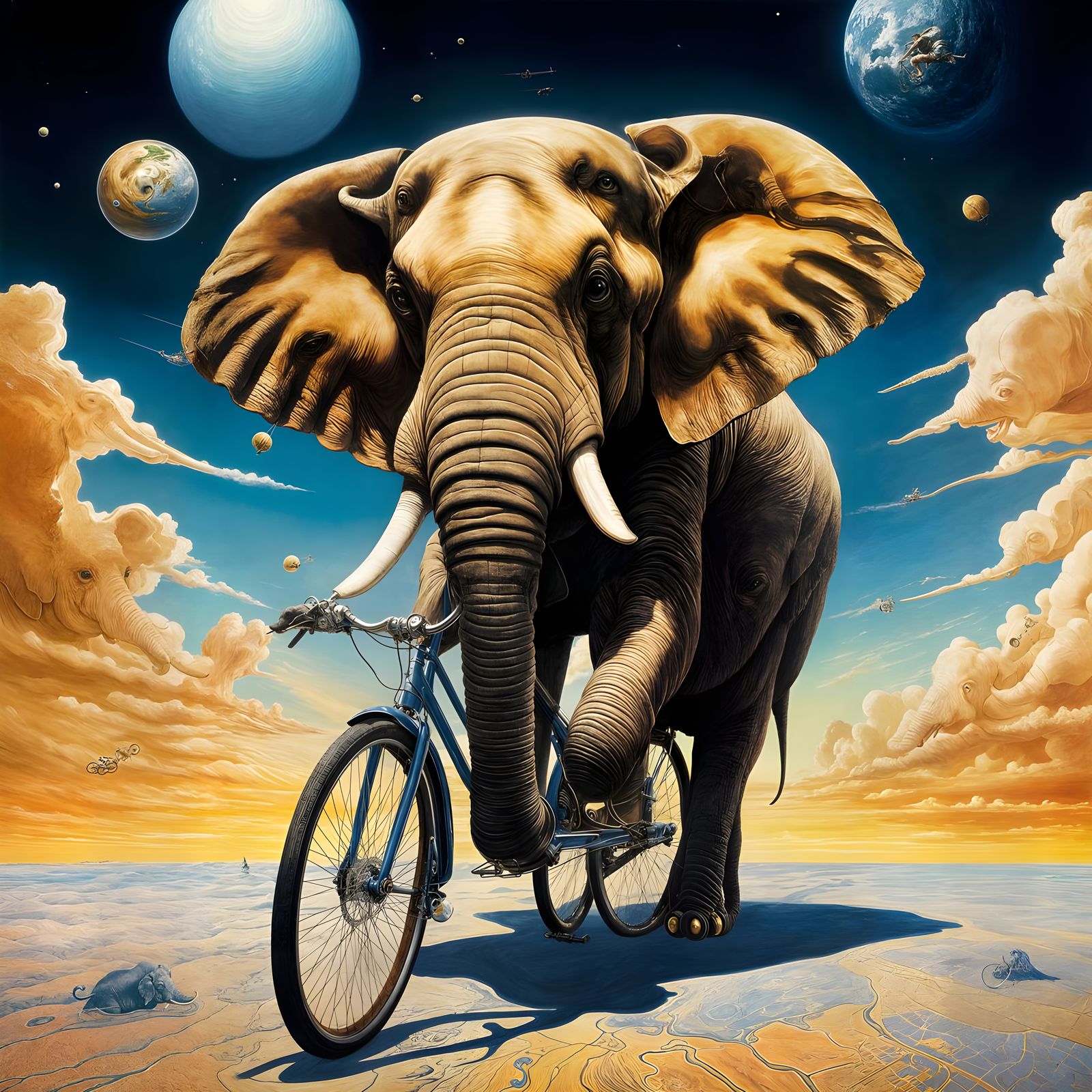 Ein Elephant der auf einem Fahrad - Surrealist Elephant Ride...