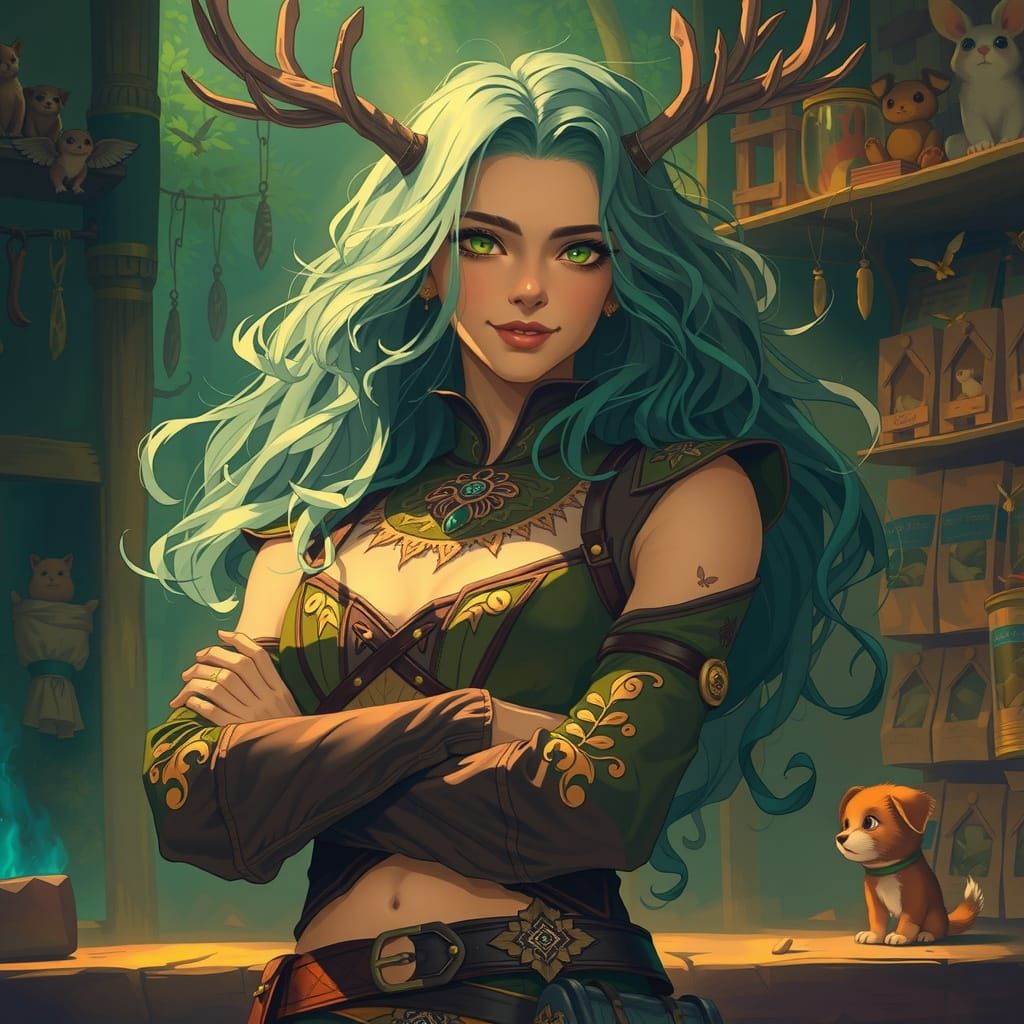 Fey Human Druidess in Whimsical Pet Store, in Sara... - AI Art