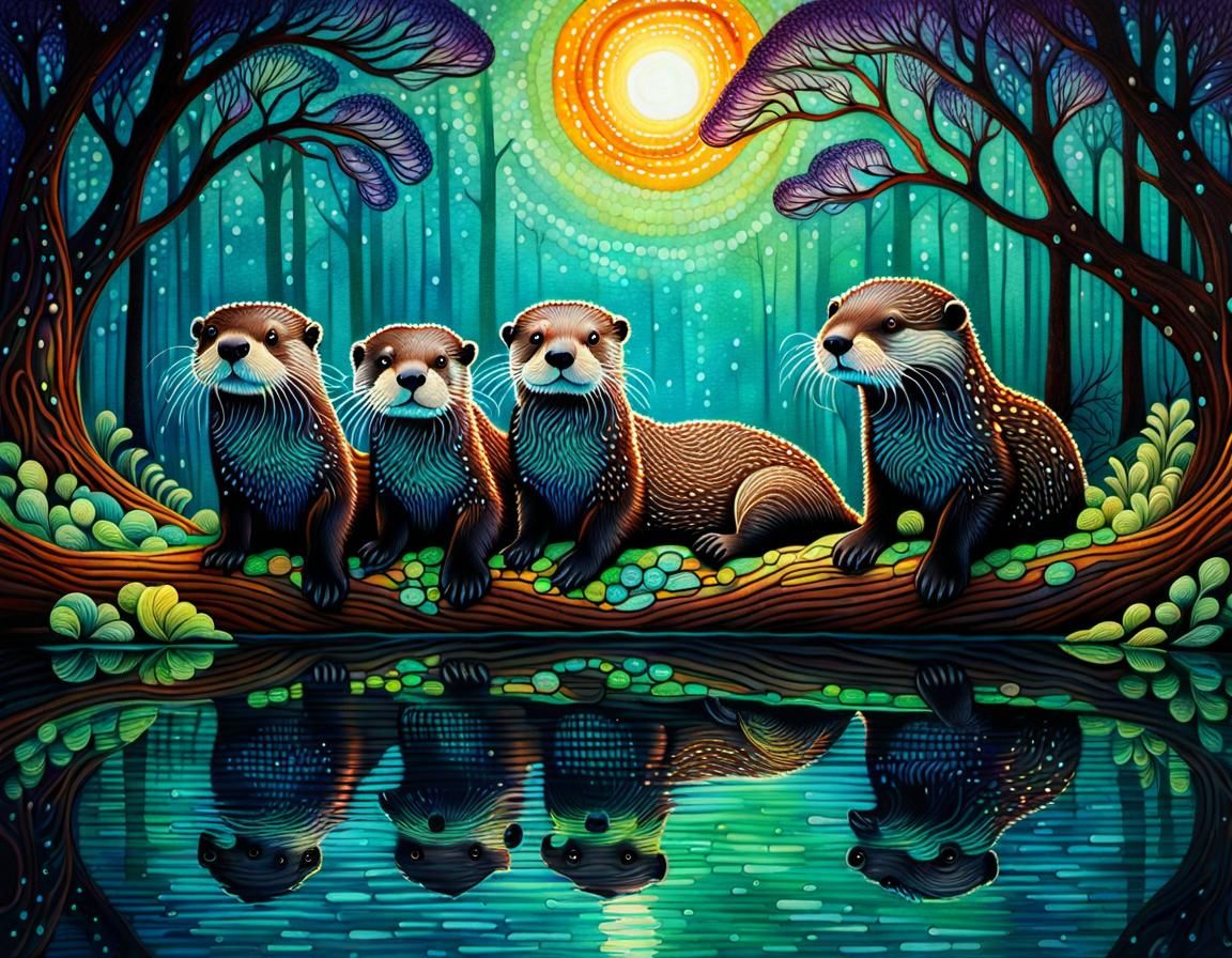 Otters, lake, forrest, whimsical, glowing lines, pointillism, alcohol ...