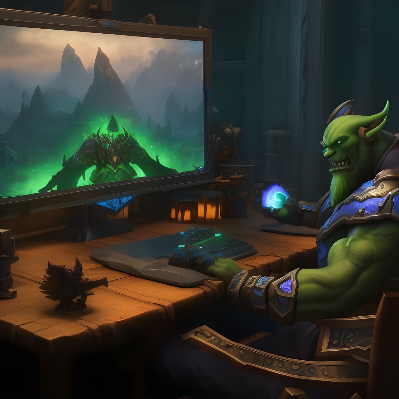 Orc sitting at a modern desktop computer playing "World of Warcraft ...