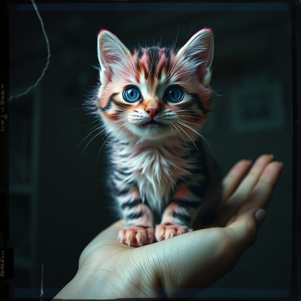 meow - Whimsical Horror Icon: Fluffy Cat in Distorted Dark R...