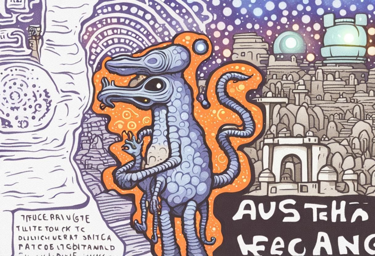 A long-necked alien creature stands in profile to the background of a ...