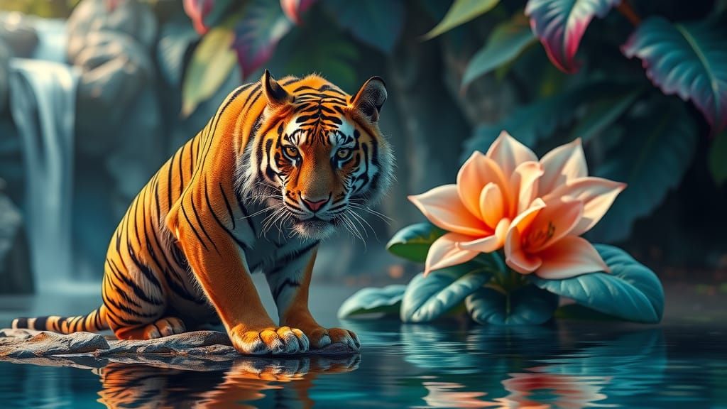 A majestic tiger crouching by a serene pool of water
