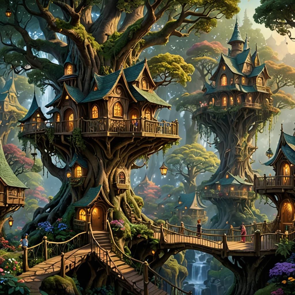 Fantasy Treehouse Sanctuary: In a sprawling, ancient tree, fairies live ...