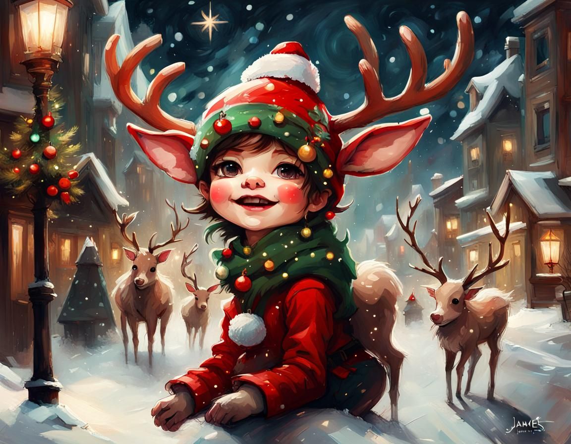 An Adorable happy chibi Christmas elf riding rudolph the red nose ...