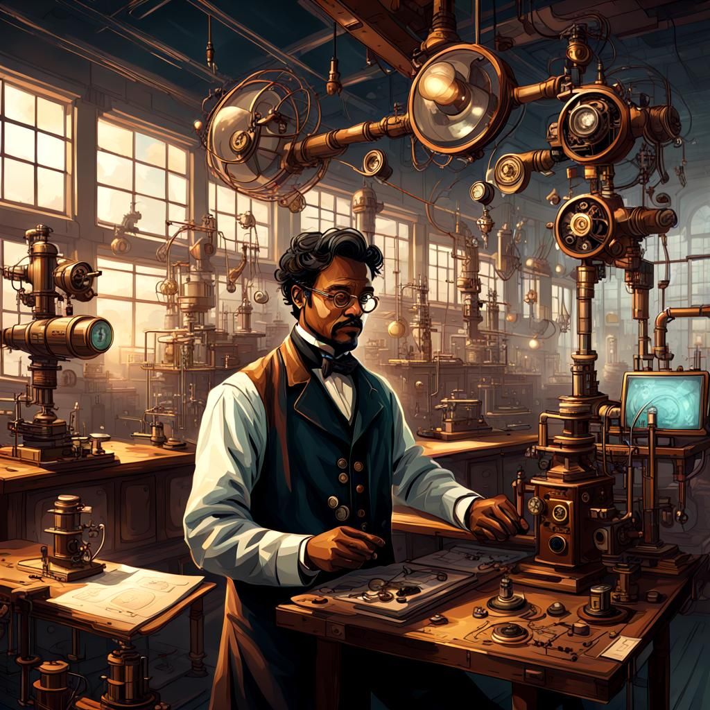 An artistic illustration of a scientist in a high-tech science lab ...