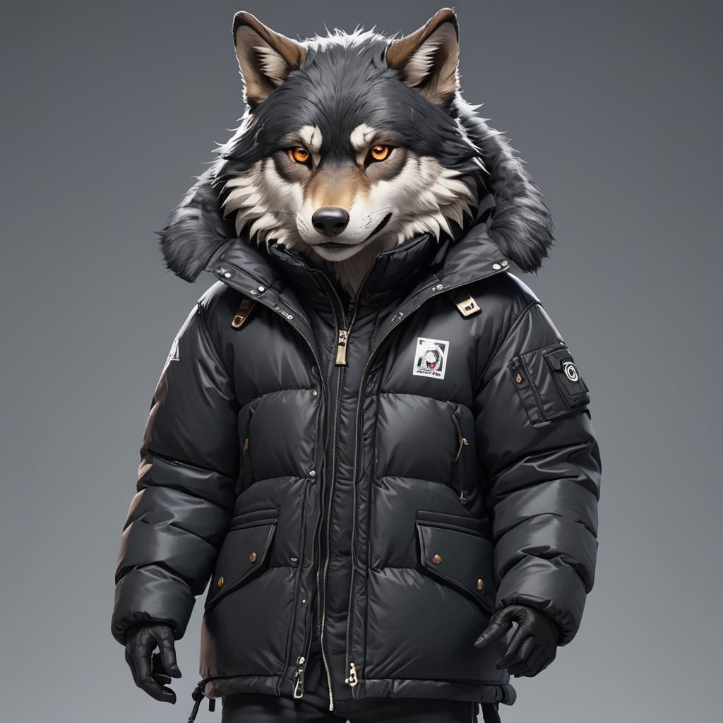 Anthro wolf in a oversized black puffer jacket - AI Generated Artwork ...