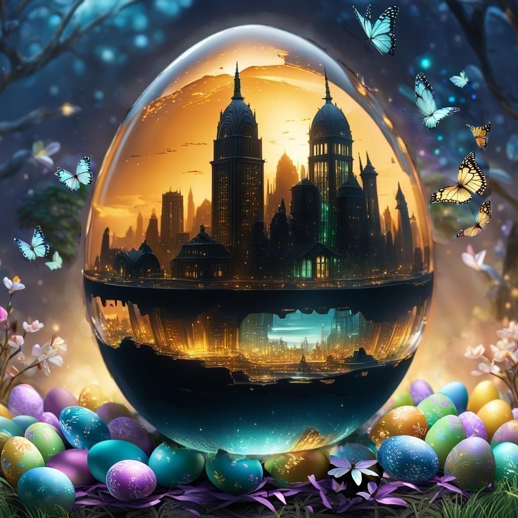 In a magic Easter egg garden; one egg grew big and within in was a metropolis of epic ...