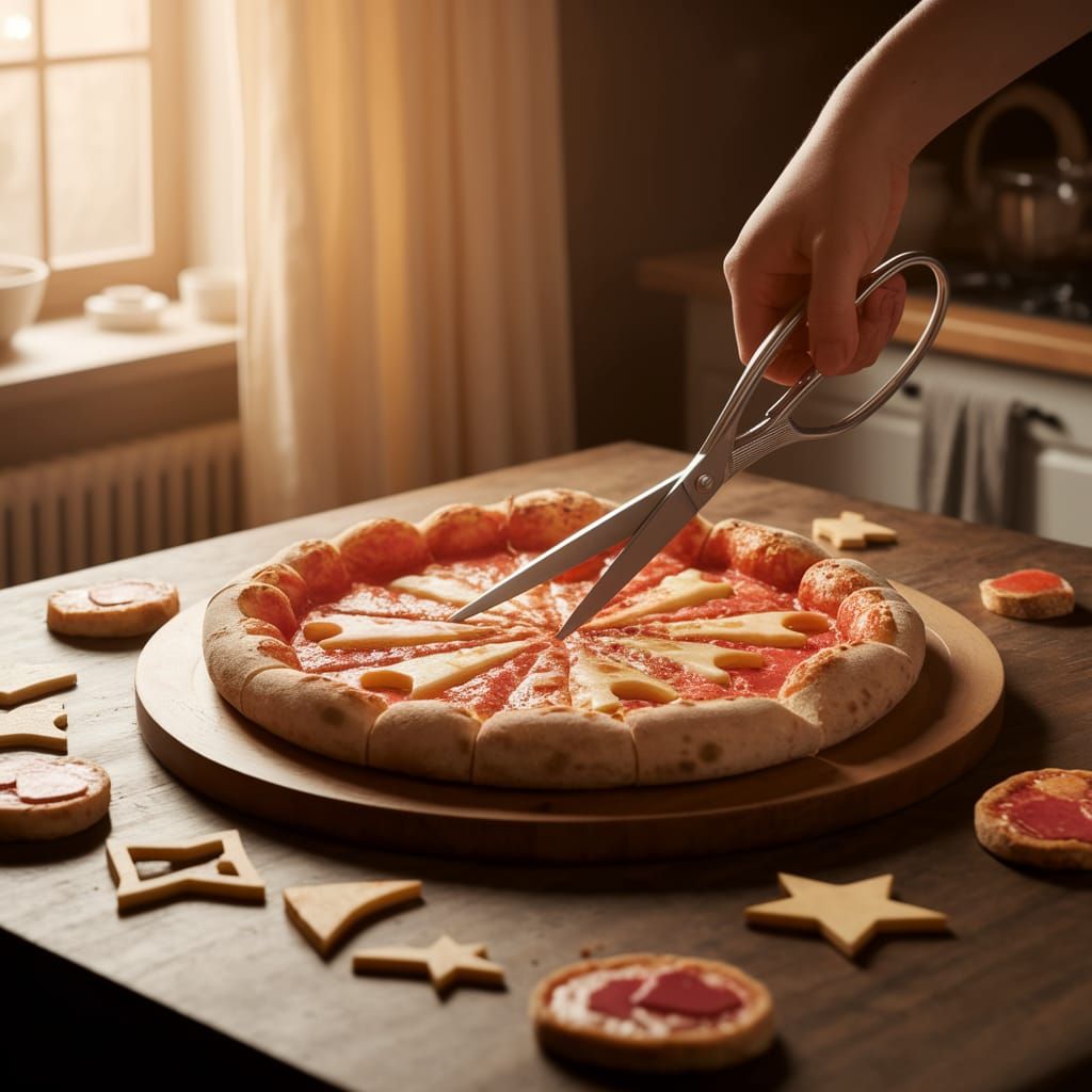 photorealistic scene of cutting pizza with scissors in odd shapes