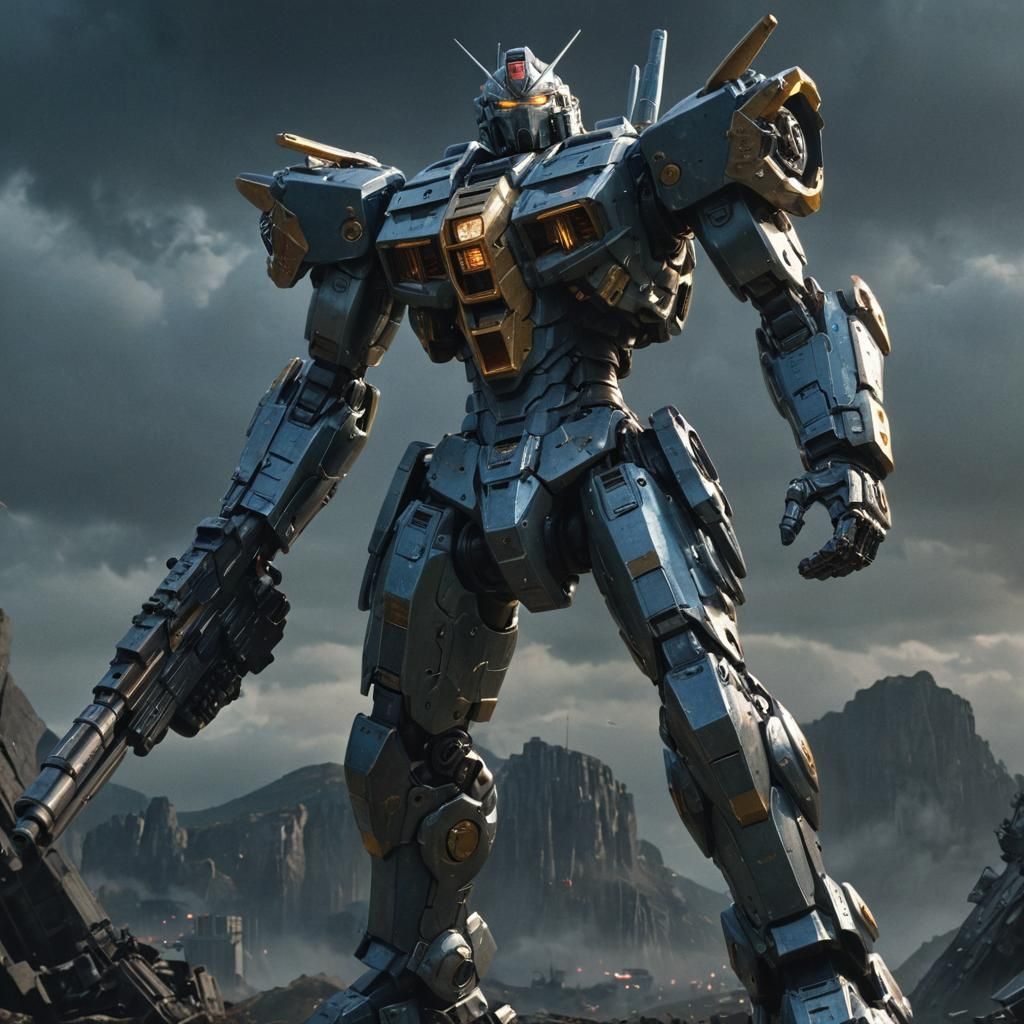 A cowboy angle of a mech that takes physical features from Gundam Wing ...