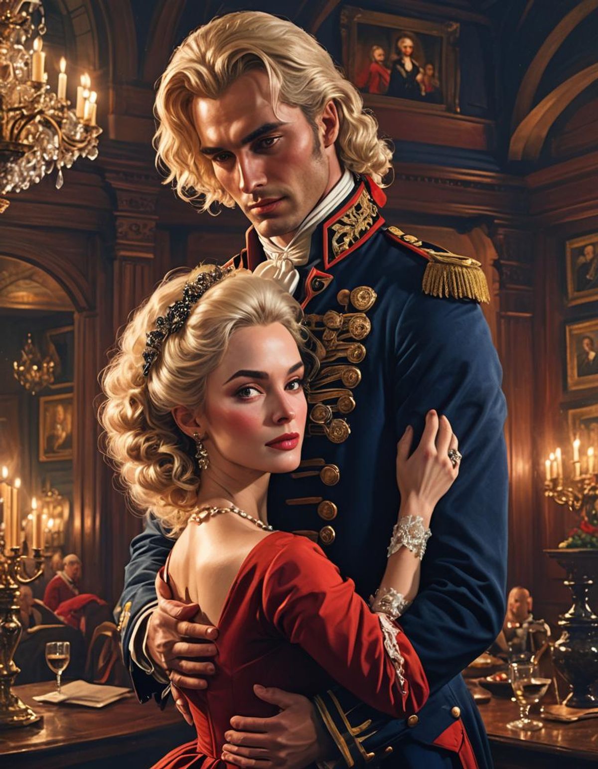 Historically accurate eighteenth century romance novel cover in style of Elaine Duillo. Handsome ...