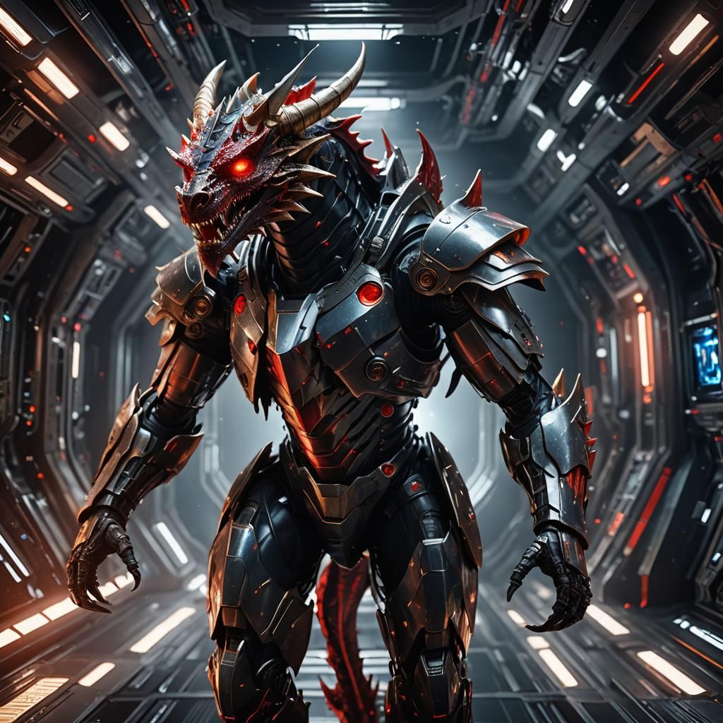 Dragon humanoid biped, Horns, red eyes, sharp teeth, in Space armor ...