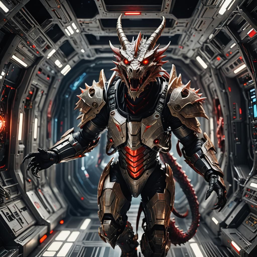 Dragon humanoid biped, Horns, red eyes, sharp teeth, in Space armor ...