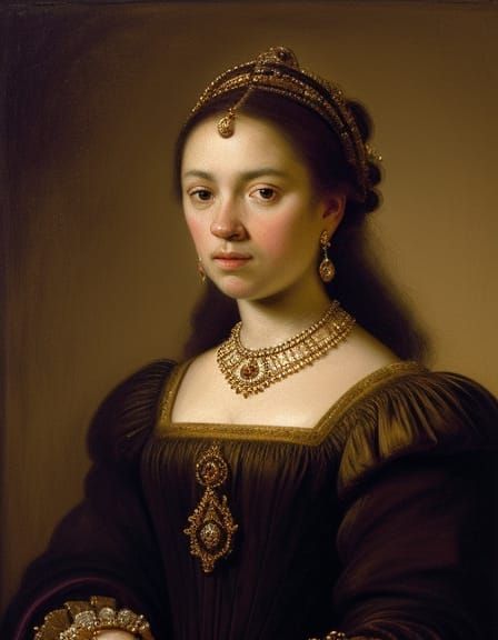 Baroque oil painting. Close-up shot. A woman wearing jewels sitting in ...
