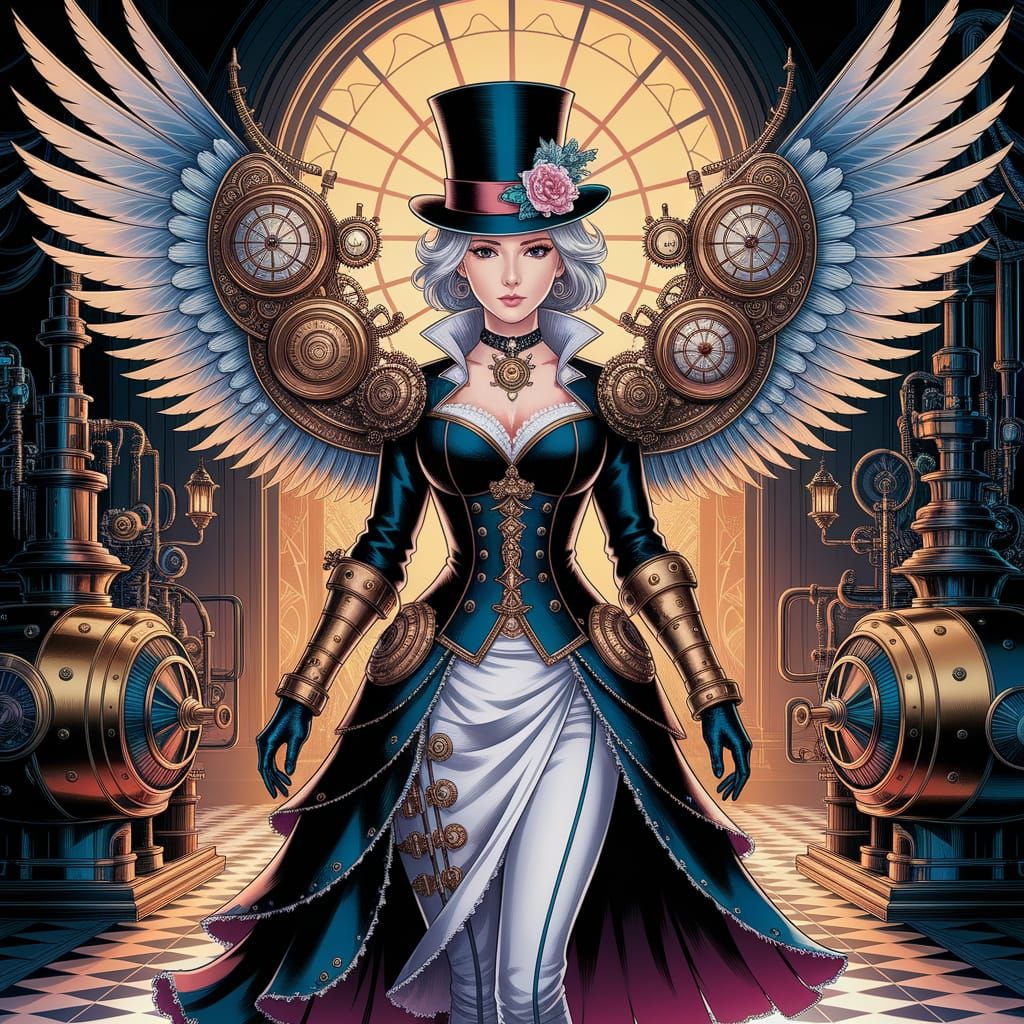 Steampunk Noble Lady with Clockwork Wings Manga Po... - AI Art
