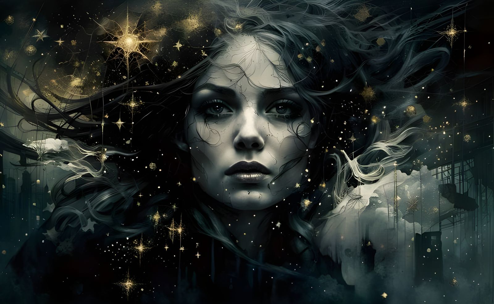double exposure, epic ethereal photo of a starry eyed woman with a head ...