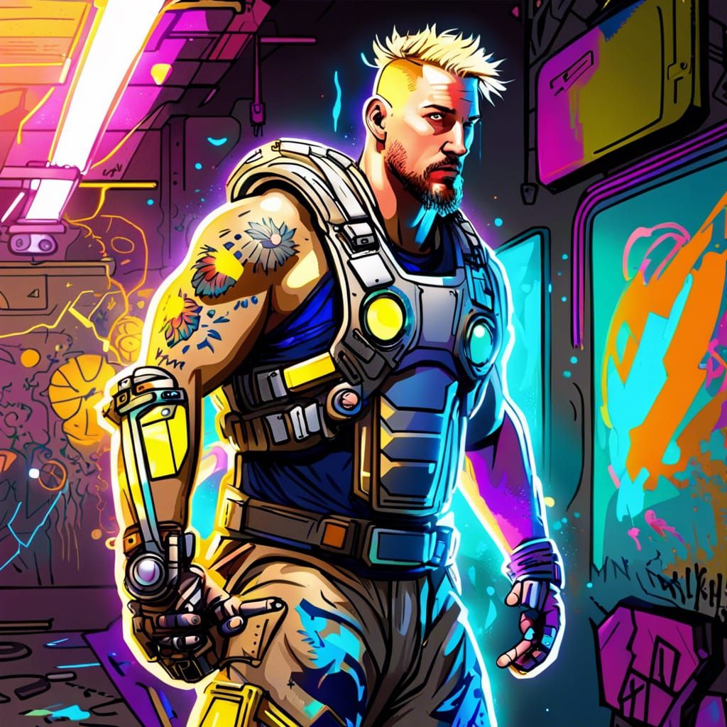 Solarpunk-style, male, full body, Glowing, futuristic, blonde, goatee ...