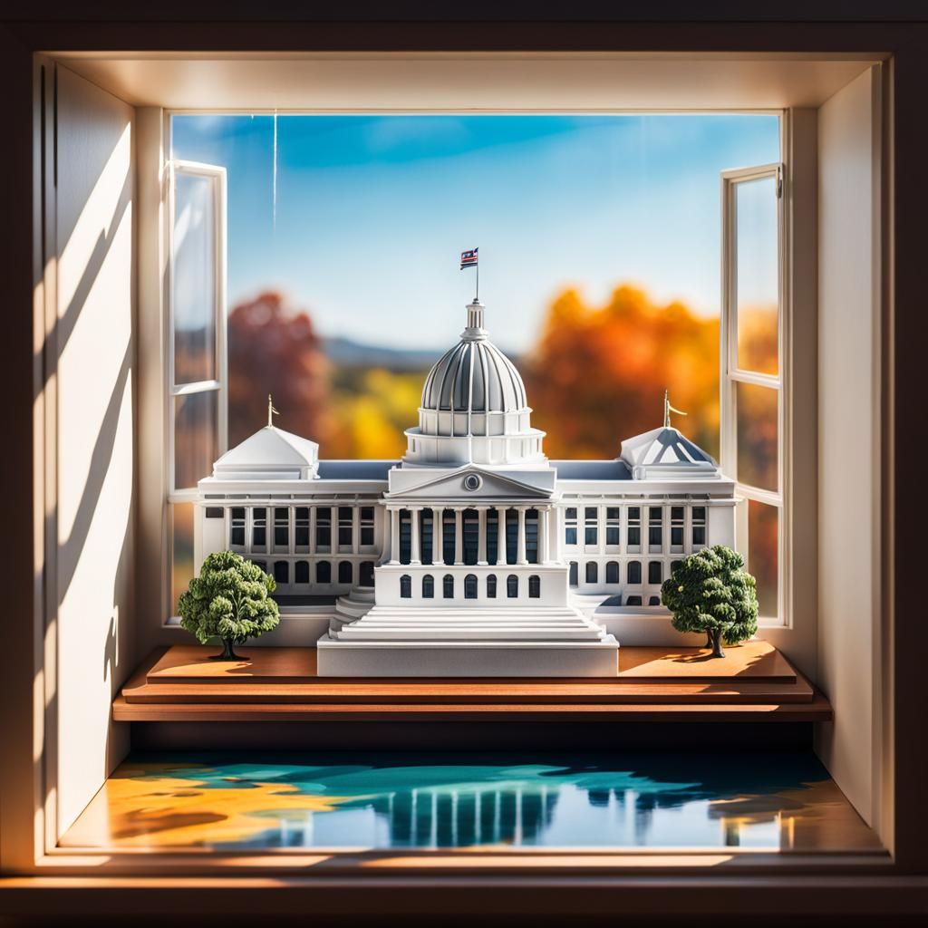 Miniature Parliament House, Canberra on window shelf - AI Generated ...