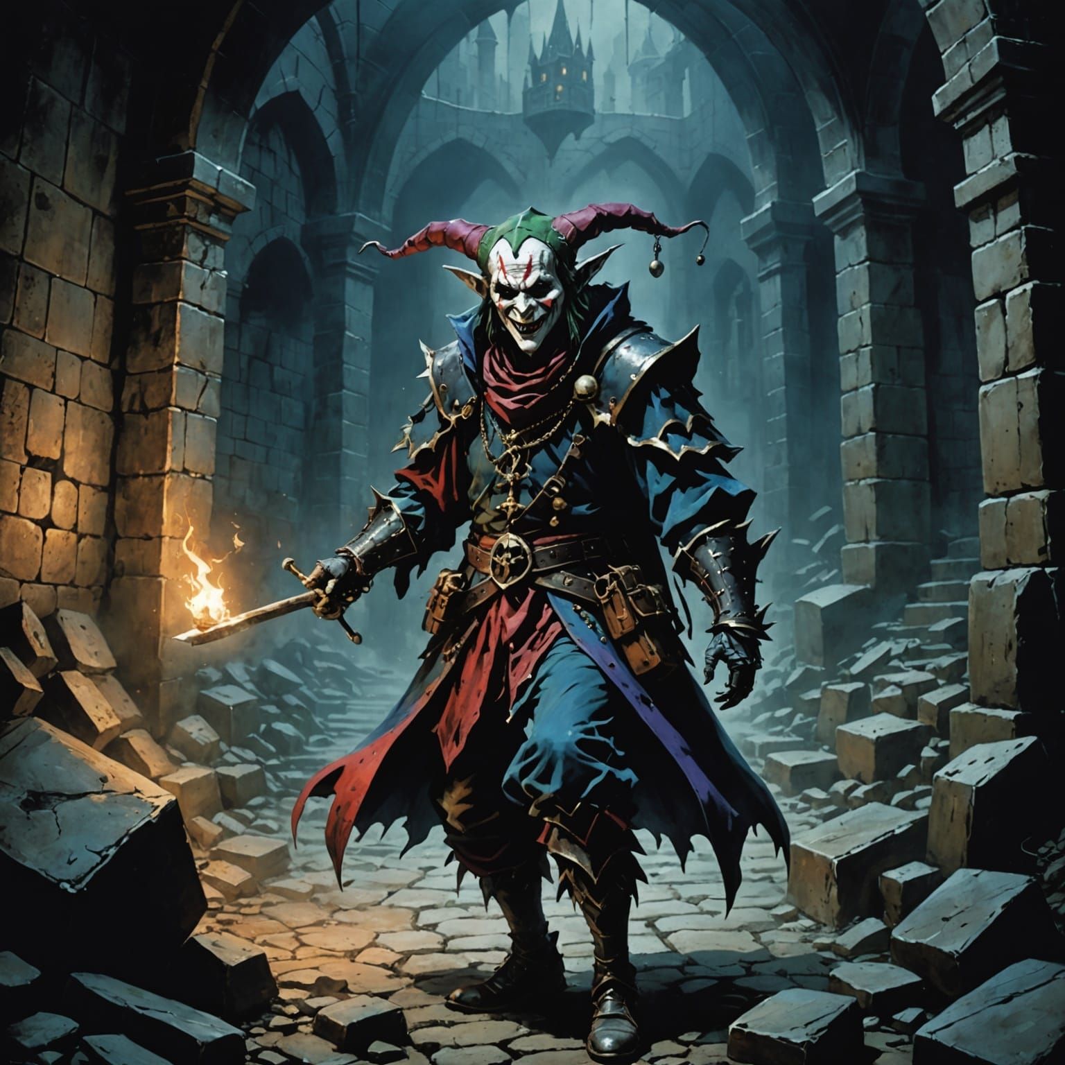 Cyberpunk Jester of Doom in a Moist Dungeon - AI Art