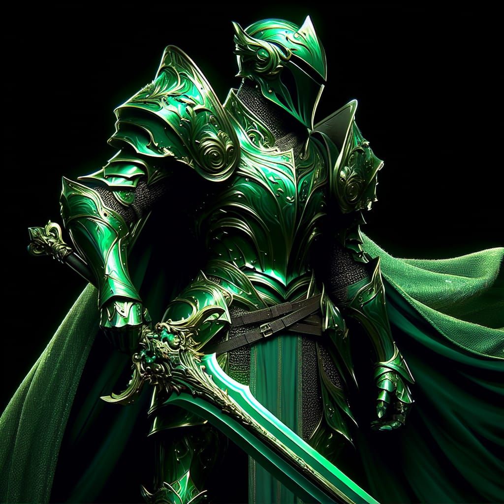 An image of a knight fully adorned in green armor. The metallic armor ...