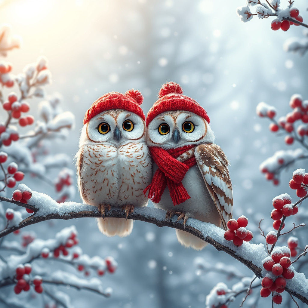 Two adorable white owls perched on a snow-covered branch