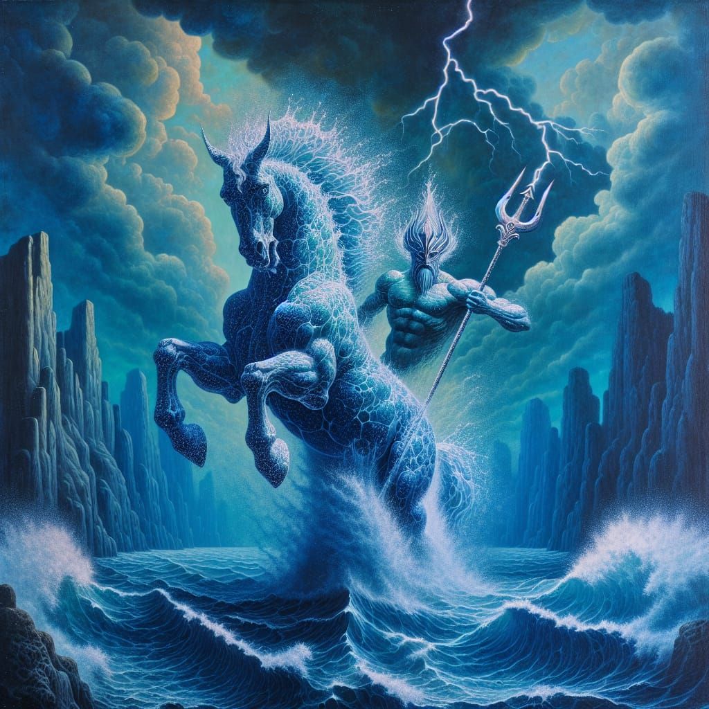 Poseidon and horse - God of the Sea Rides Iridescent Horse i...