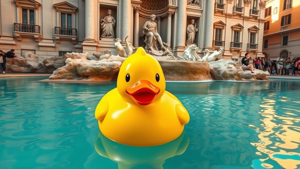 A huge rubber duck in the Trevi fountain, Rome.