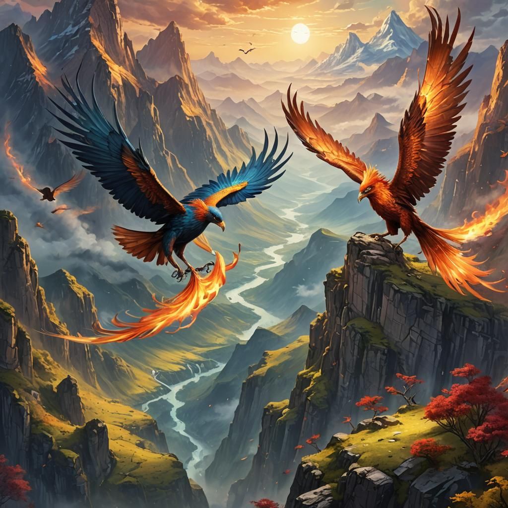 a close up of a bird flying over a mountain with a bird on it ...