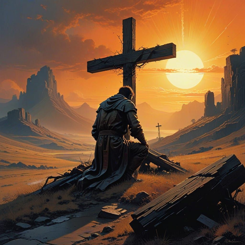 Desperate Figure Crouched at a Cross in a Vibrant ... - AI Art