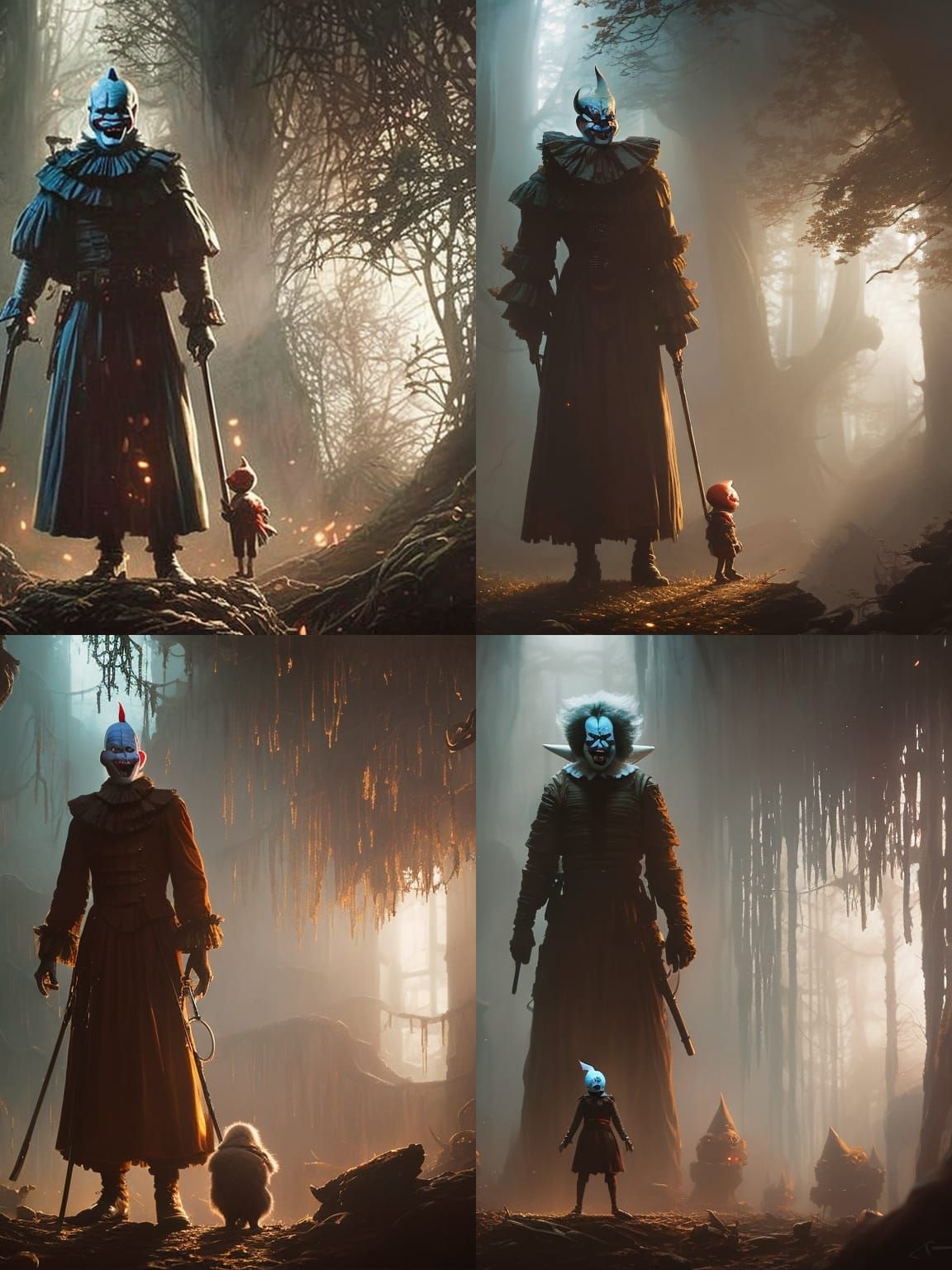 "Pennywise", Menicing grin, Standing in a room, Full body, Figure, Dark ...