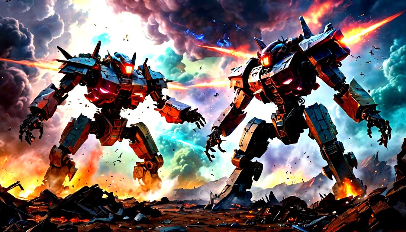 A dynamic portrayal of a colored shiny mecha duel in a remote intricately brightly contrasting ...