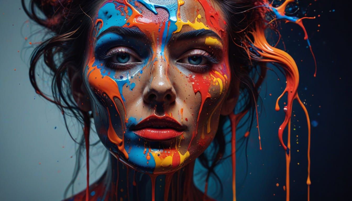 A mysterious woman with her face melting into colorful dripping paint