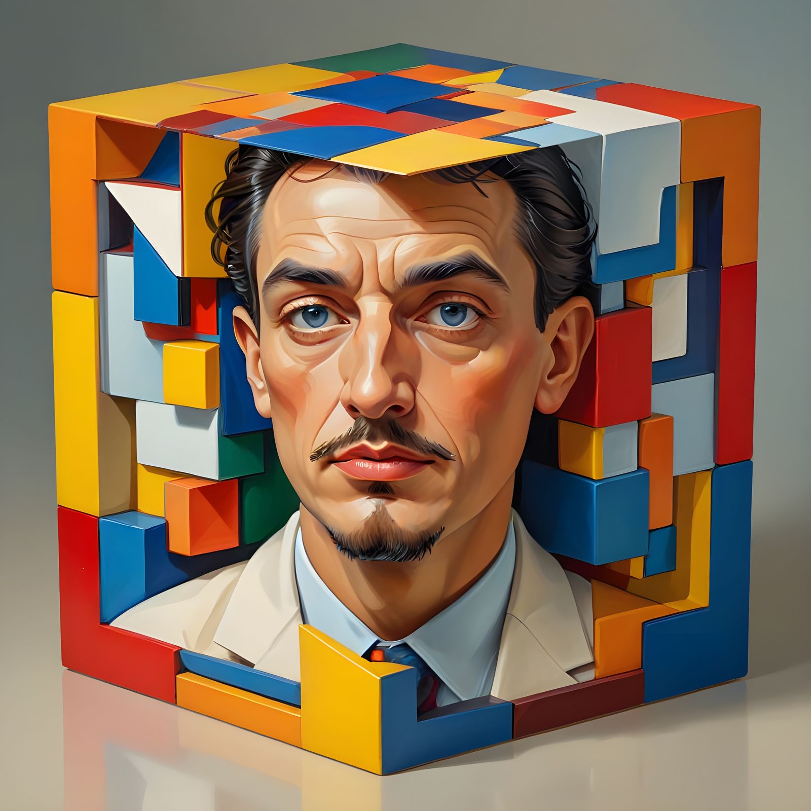 Stuck In A Cube - Bizarre Cubist Portrait in Vibrant Primary...