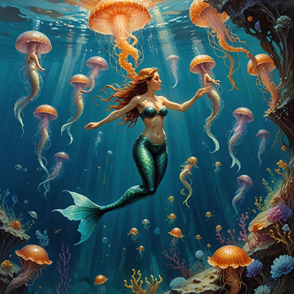 Mermaids swimming the jellyfish - Mermaids Amidst a School o...