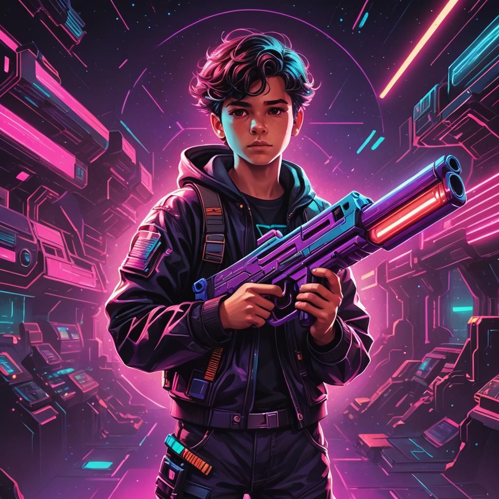 Laser Tag 2030 - Boy with Space Gun in Synthwave Cyberverse